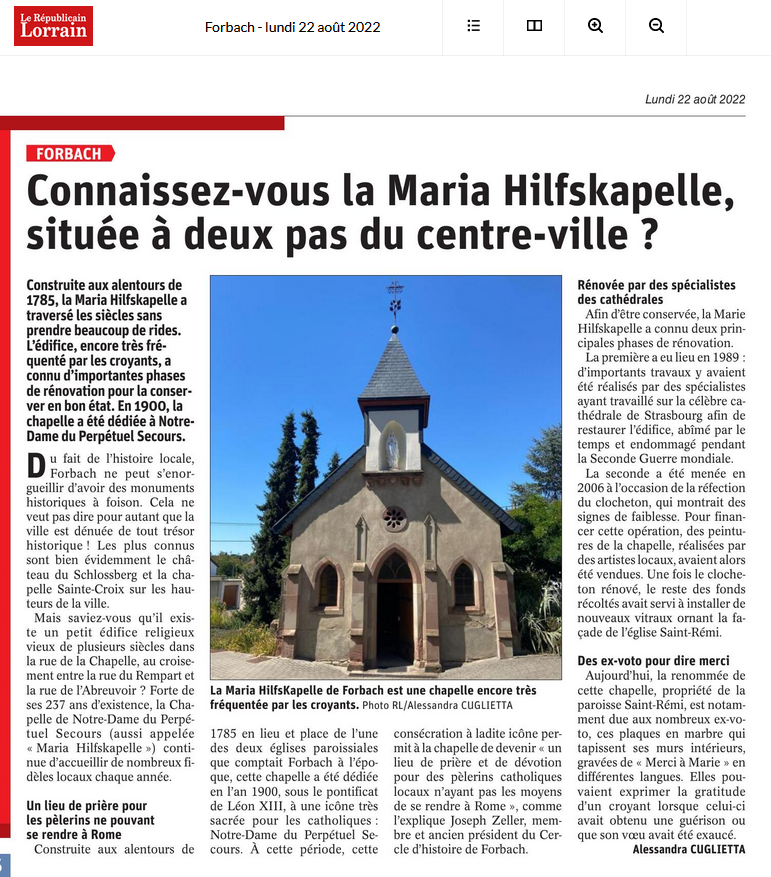 22 août 2022 : Connaissez-vous la Maria Hilfskapelle ? - Die Furbacher